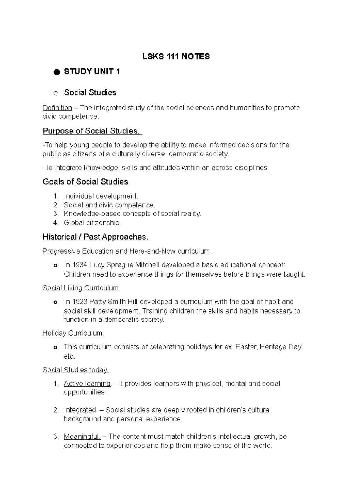 LSKS 111: Comprehensive Study Notes on Social Studies Education - Studocu