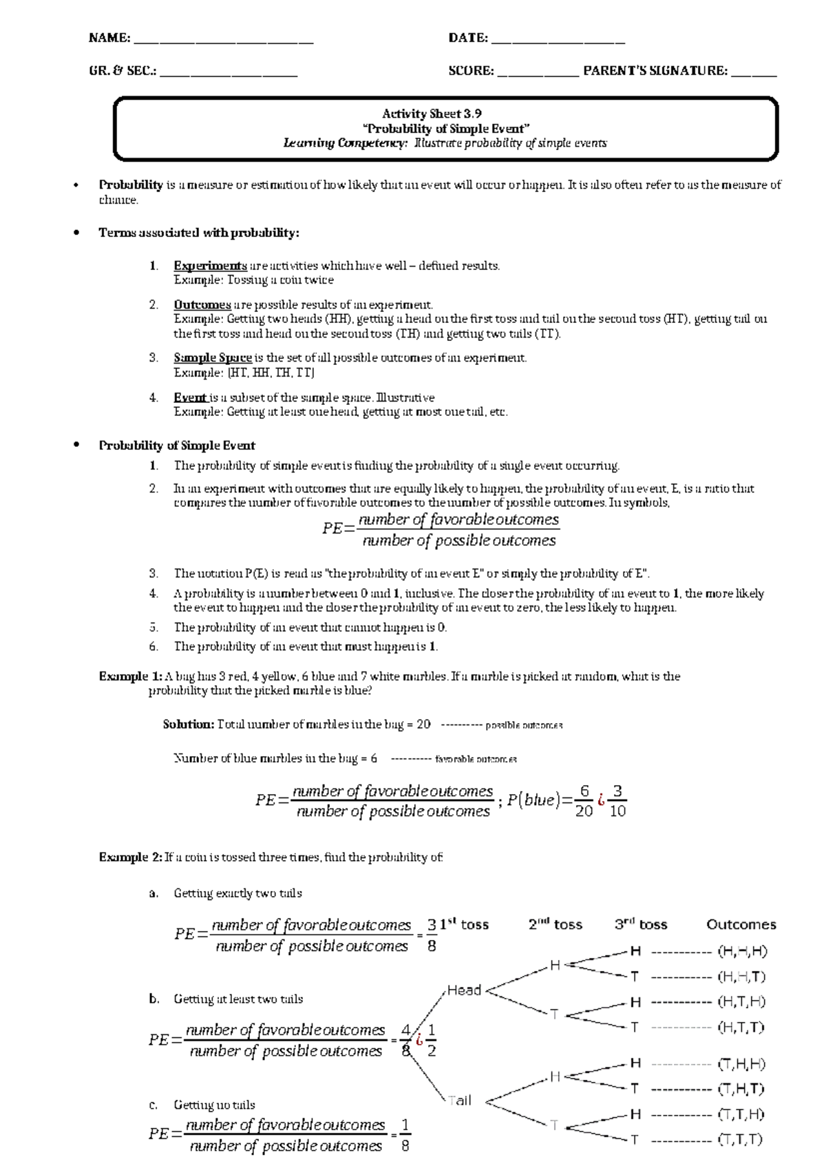 Activity Sheet 3.9: Probability of Simple Events Worksheet - Studocu