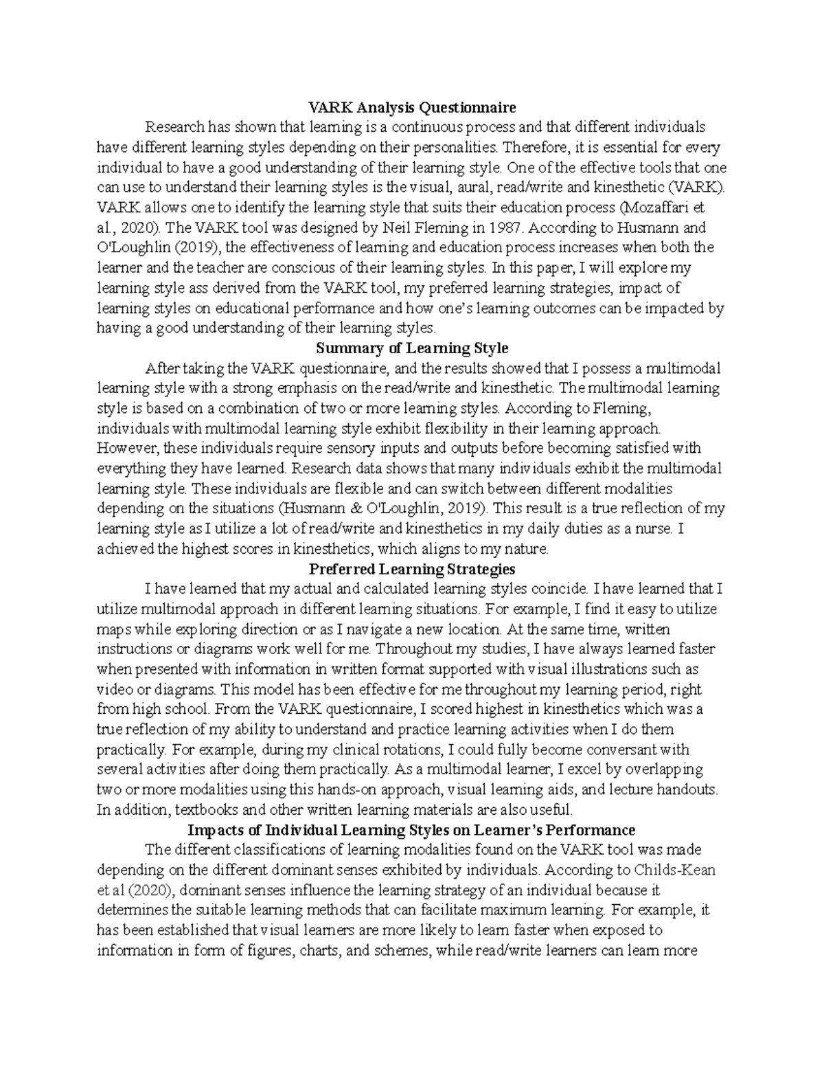 VARK Analysis Paper: Exploring Multimodal Learning Styles and ...