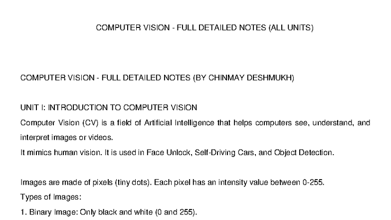 COMP 101: Comprehensive Computer Vision Notes by Chinmay Deshmukh - Studocu