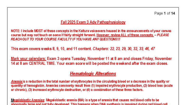 Focused Review Notes for Exam 3: Advanced Pathophysiology (Fall 2025 ...