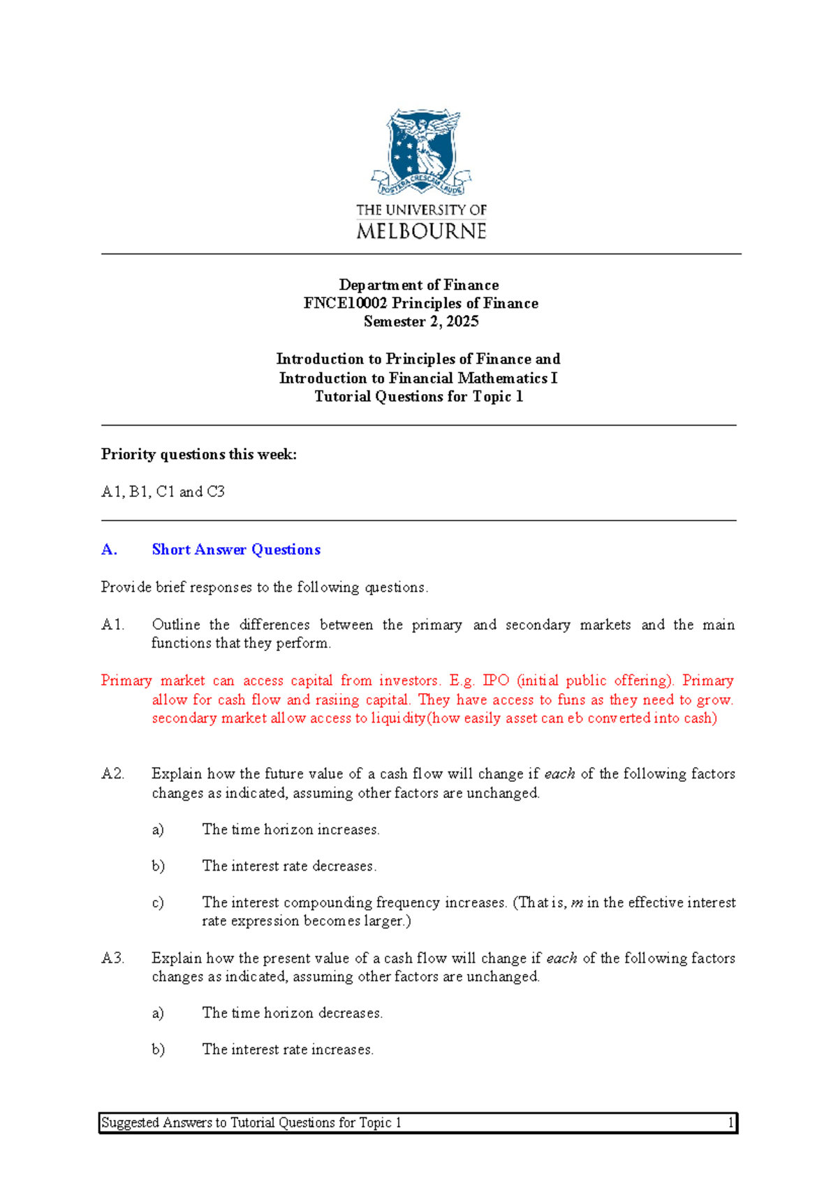 Tutorial 1-1: Principles of Finance (FINC101) Semester 2, 2025 Questions & - Studocu