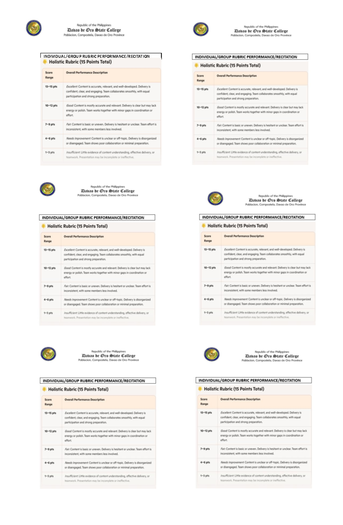 Holistic Rubric for Team Performance Evaluation (15 Points) - Studocu