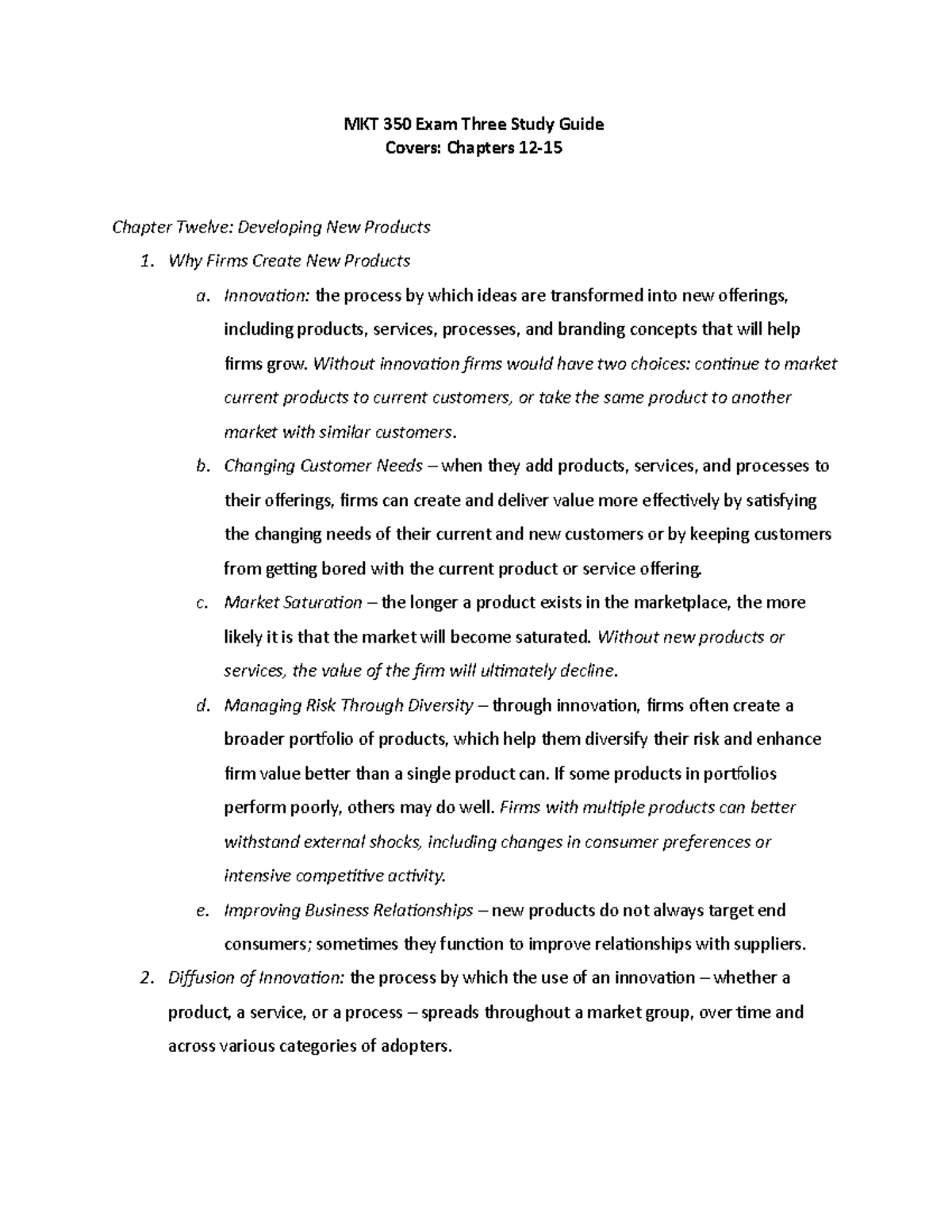 MKT 350 Exam Three Study Guide - MKT 350 Exam Three Study Guide Covers: Chapters 12- Chapter ...