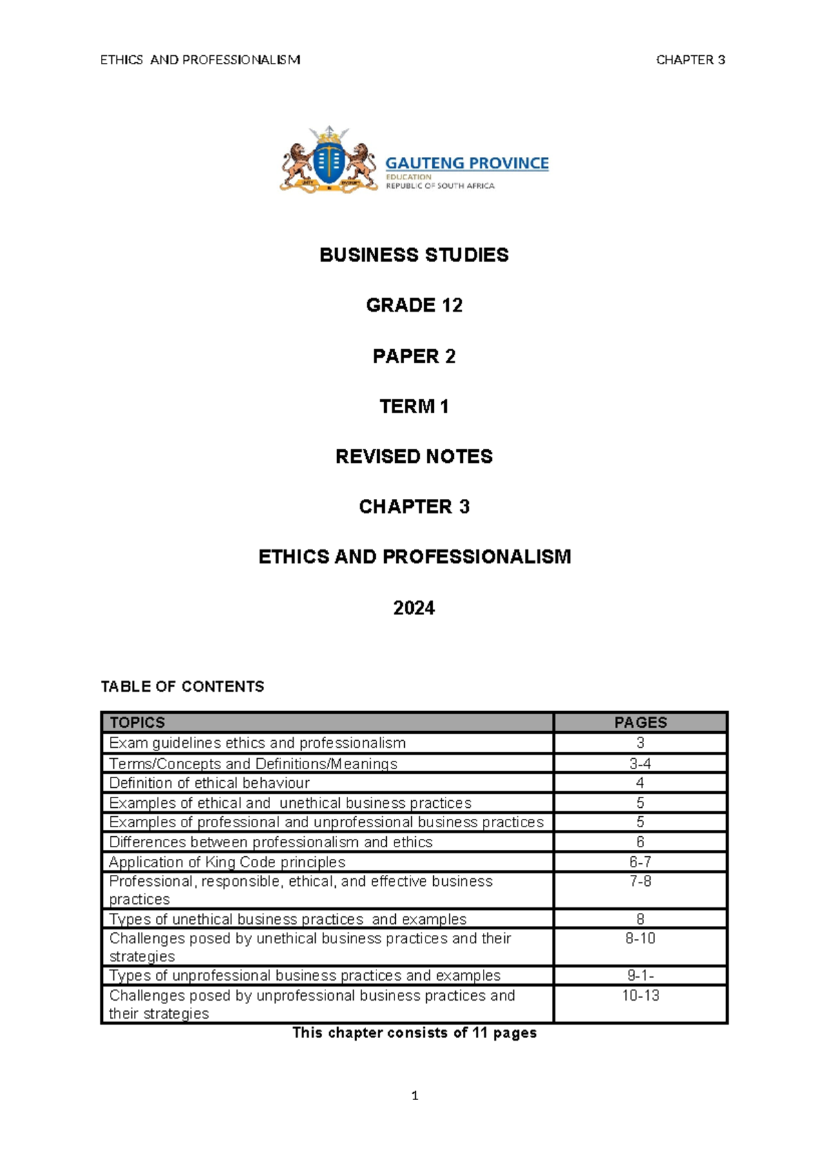 ETHICS AND PROFESSIONALISM CHAPTER 3 GRADE 12 BUSINESS STUDIES PAPER 2 ...