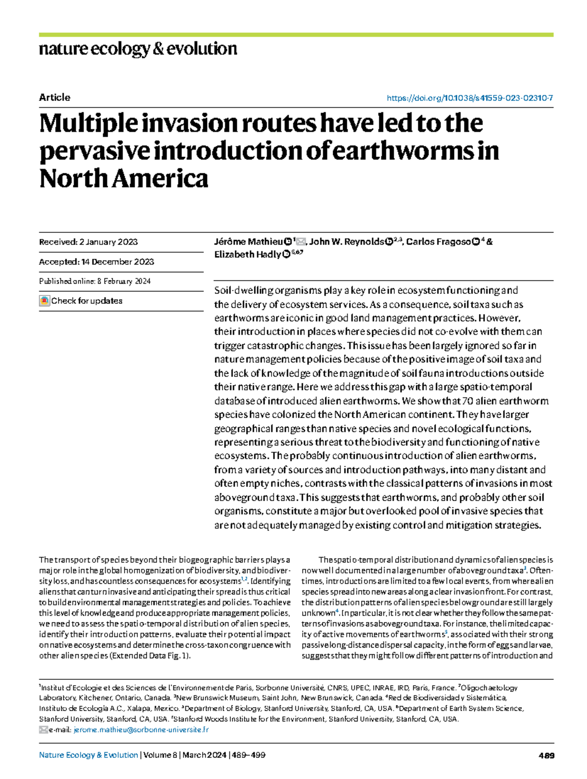 Multiple Invasion Routes of Earthworms in North America: Ecological ...