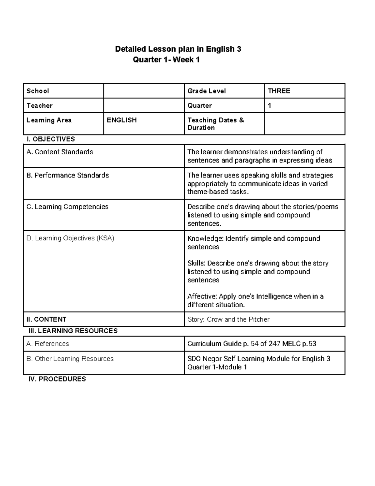 Detailed Lesson Plan for English 3: Crow and the Pitcher - Studocu
