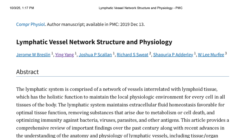 Lymphatic Vessel Network Structure and Physiology Review - PMC - Studocu