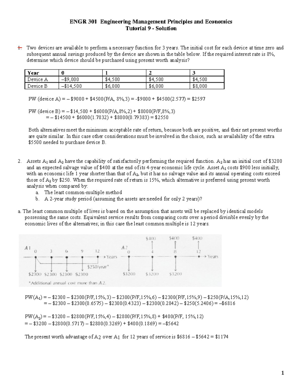 ENGR 301 Tutorial 9 Solutions: Present Worth Analysis & Payments - Studocu