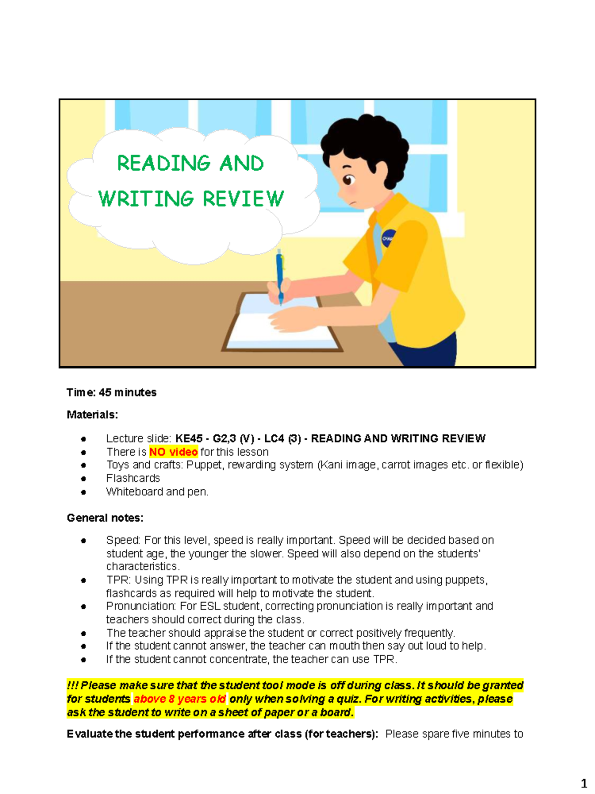 Daily English Lesson: Reading & Writing Review (KE45 G2,3) - Studocu