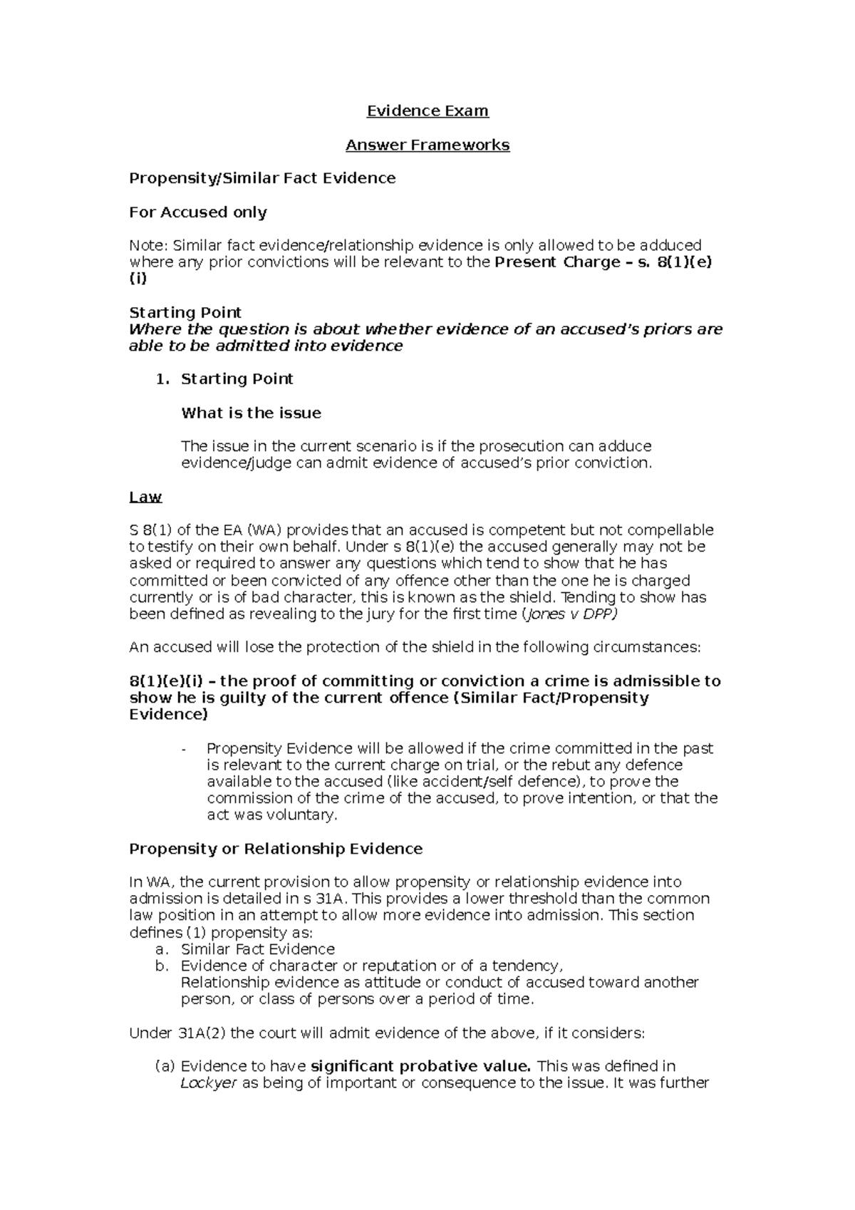 Evidence Exam Answer Frameworks Fact Evidence For Accused - Studocu