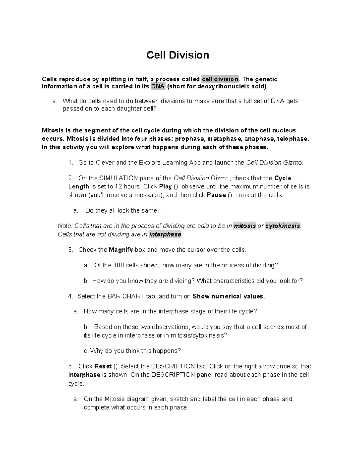 Cell Division Study Guide: Mitosis Phases & Observations 25-26 - Studocu