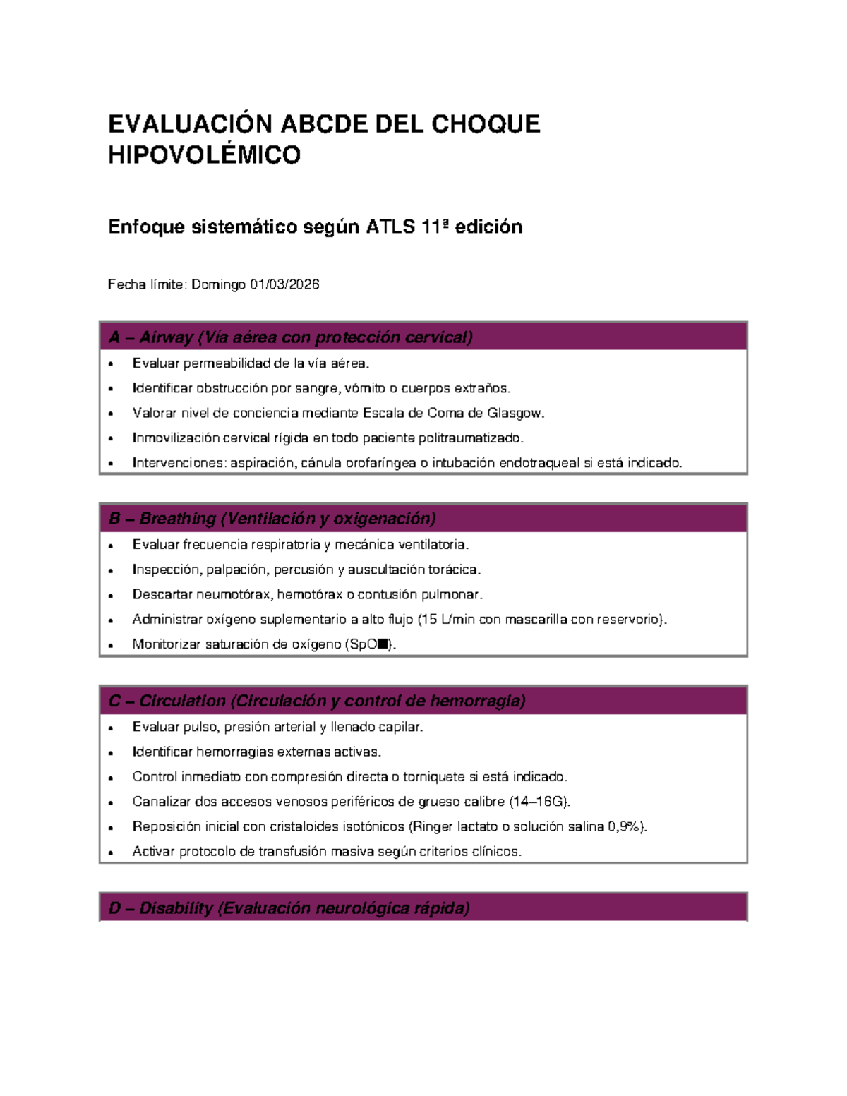 Infografía ABCDE del Choque Hipovolémico según ATLS 11ª Ed. - Studocu