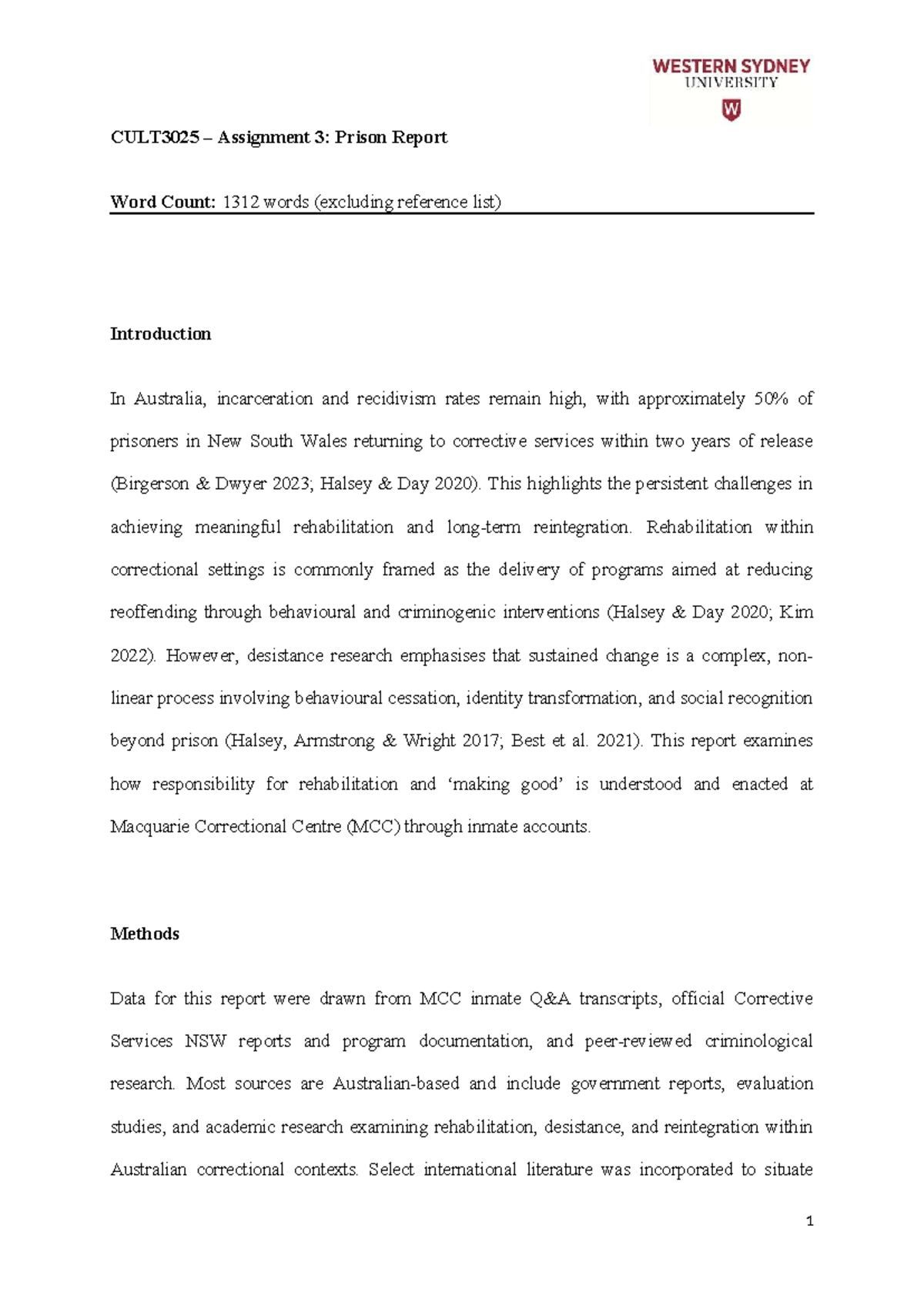 CULT3025 Assignment 3: Final Report on Rehabilitation at MCC - Studocu