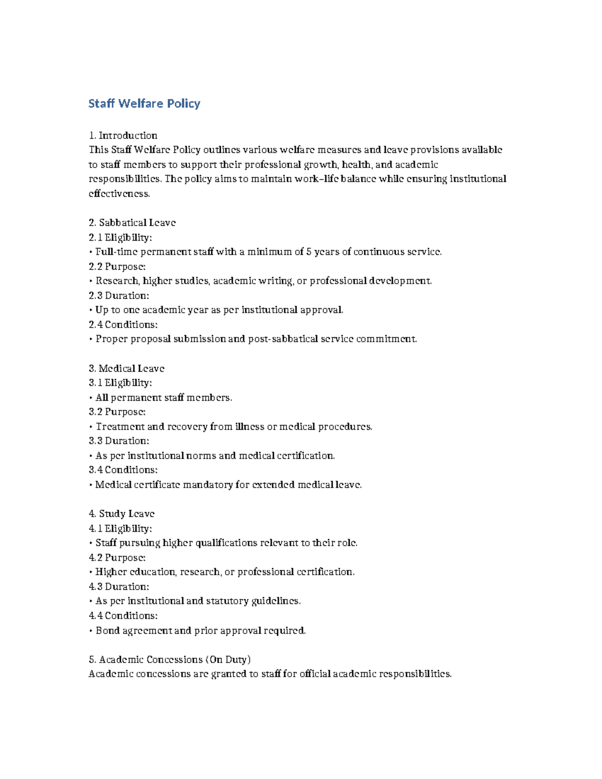 Staff Welfare Policy: Leave Provisions & Support Measures - Studocu