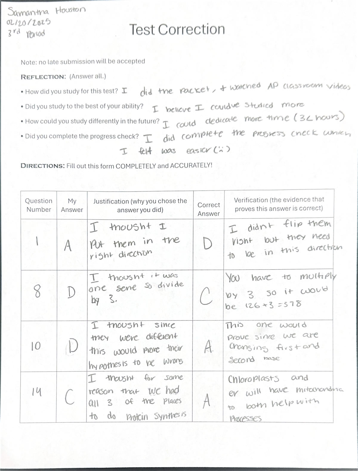 Unit 6 Test Corrections - Samantha Houston 3rd Period Test Correction ...
