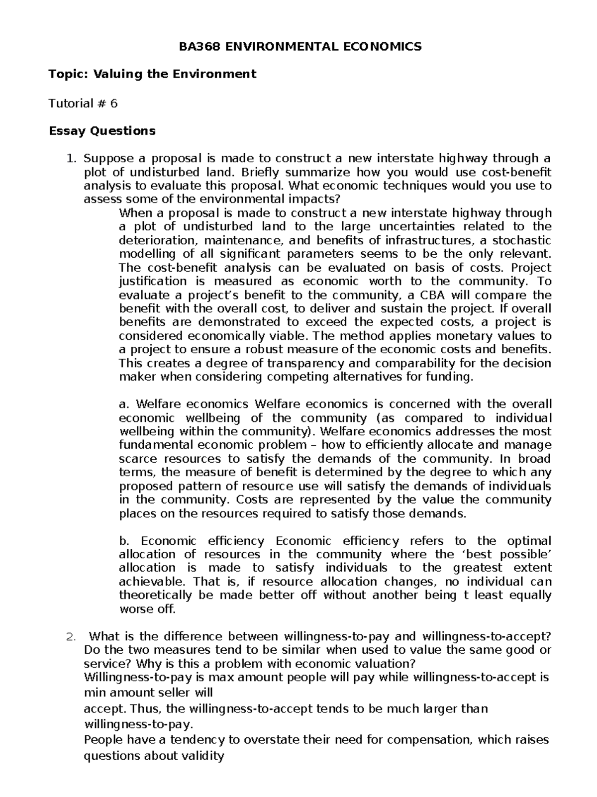 BA368 ENVIRONMENTAL ECONOMICS Tutorial 6: Valuing the Environment Essay ...