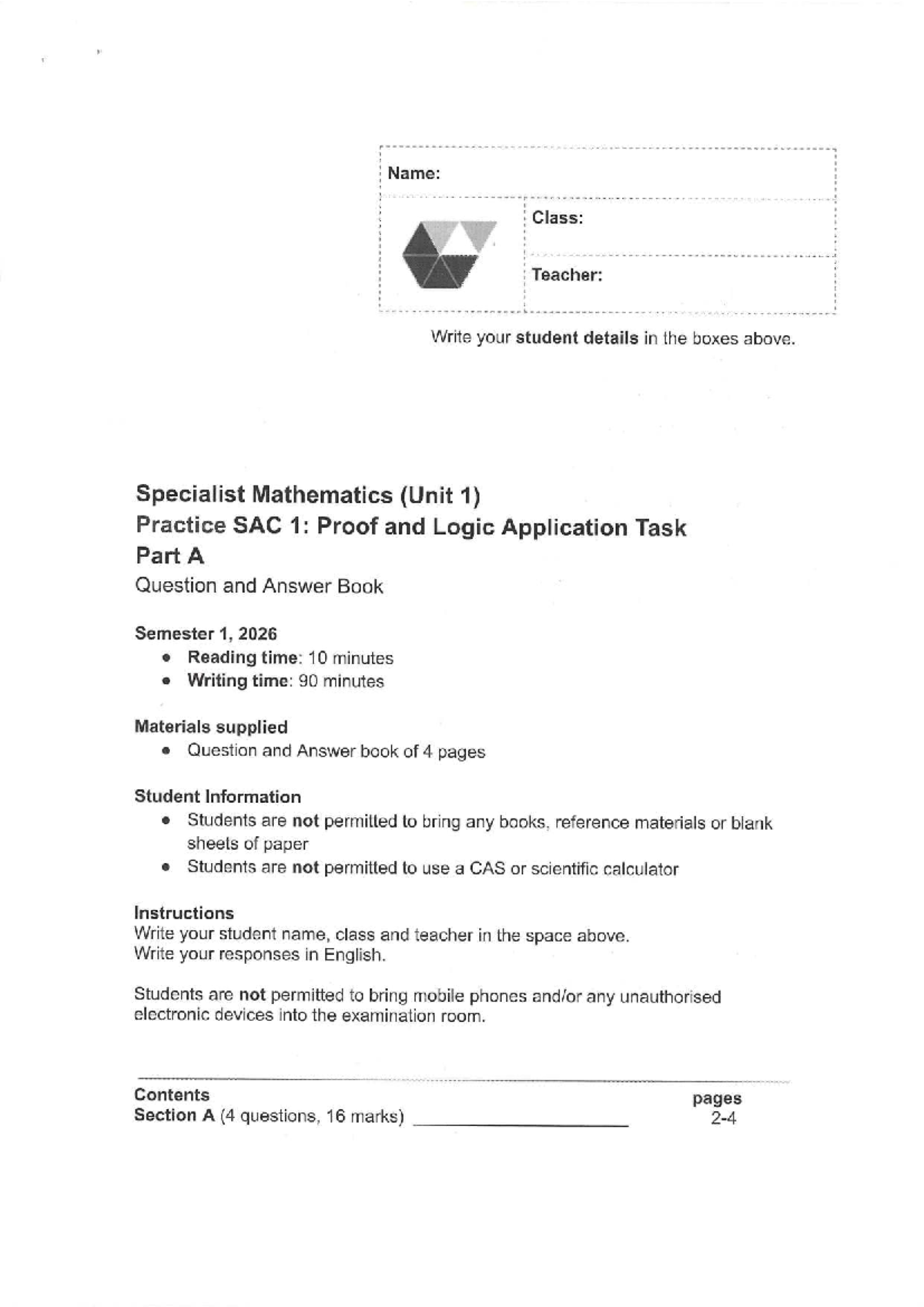 Practice SAC 1: Proof and Logic for Specialist Mathematics (Unit 1 ...