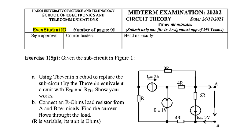 ET3036E - Circuit Theory Midterm Exam 20202: Thevenin & Norton Analysis ...