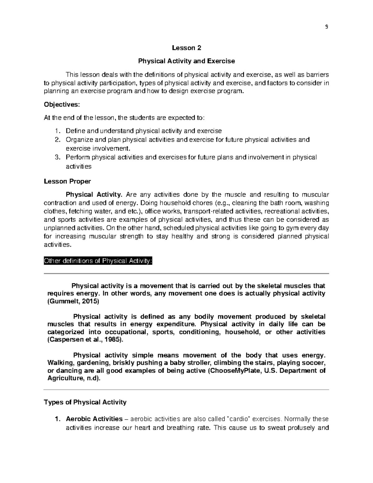 Health Optimizing PE 1: Lesson 2 - Physical Activity & Exercise - Studocu