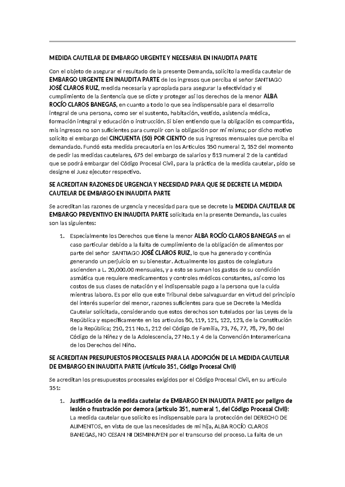 Medida Cautelar de Embargo Urgente en Inaudita Parte para Alimentos ...