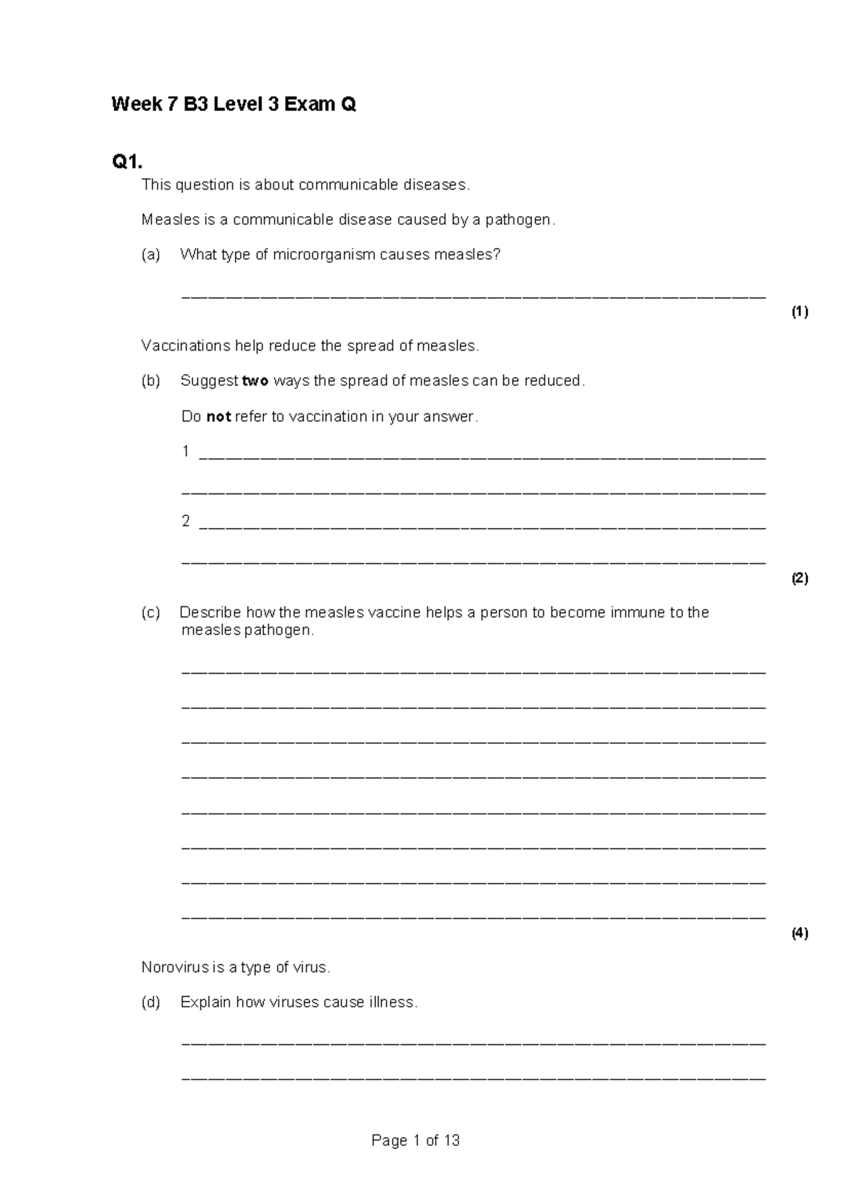 Week 7 B3 Level 3 Exam Questions on Communicable Diseases - Studocu