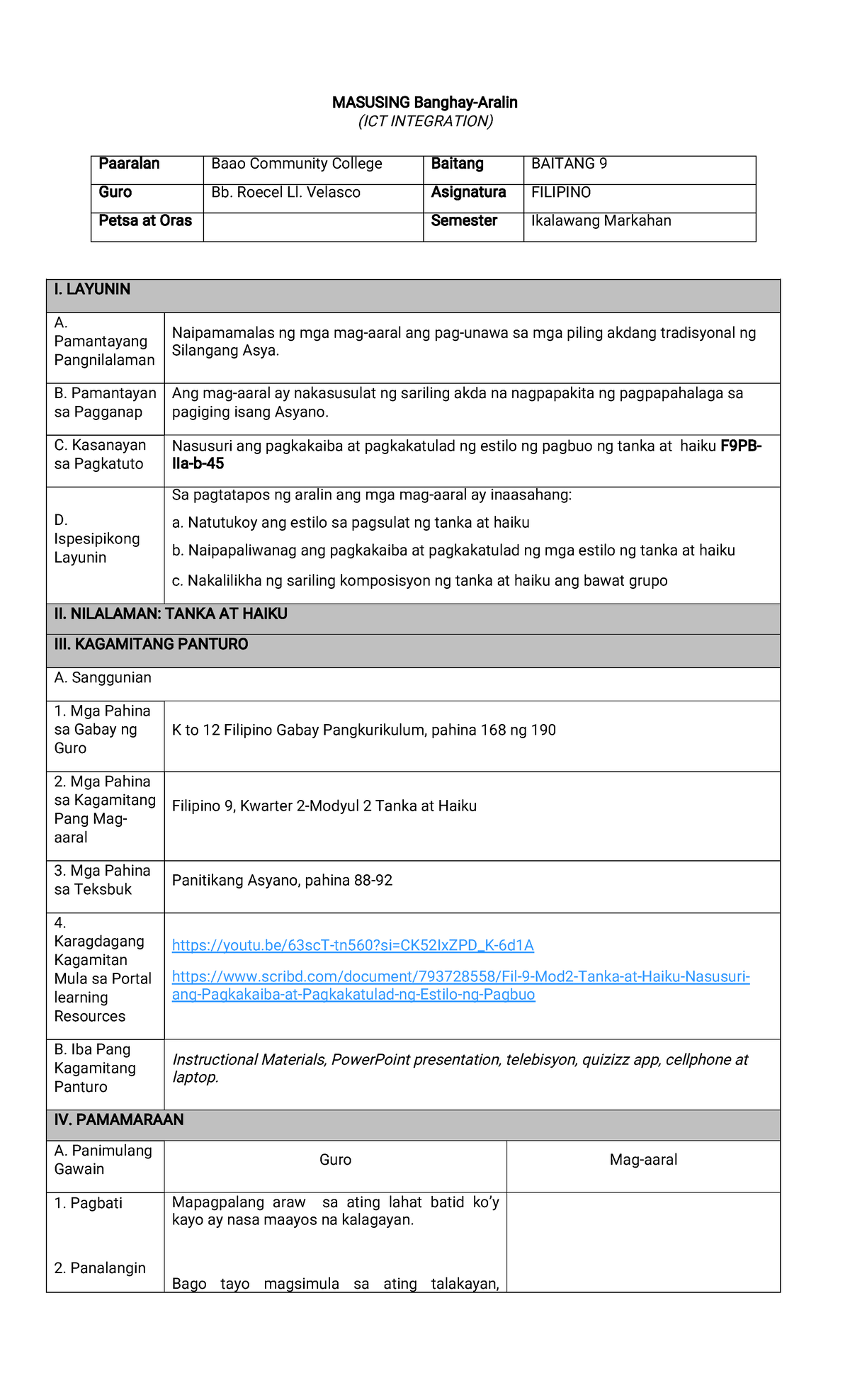 ICT Integration Lesson Plan: Tanka and Haiku in Filipino 9 - Studocu