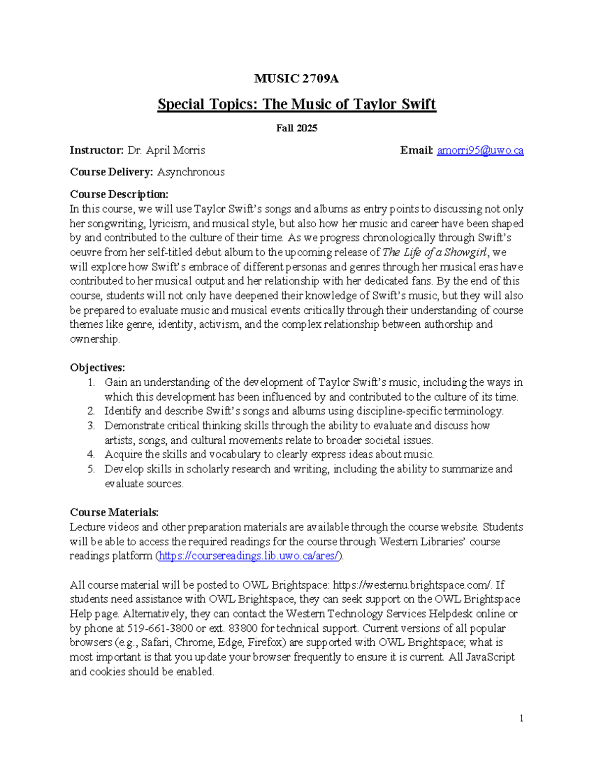 Course Outline - MUSIC 2709A: The Music of Taylor Swift (Fall 2025 ...