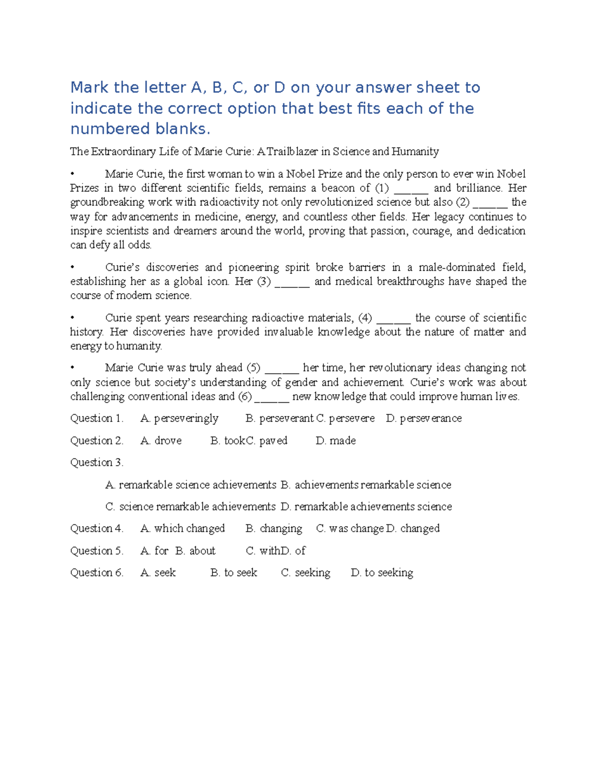 Tiếng Anh 12 - Quiz on Marie Curie's Life and Achievements - Studocu