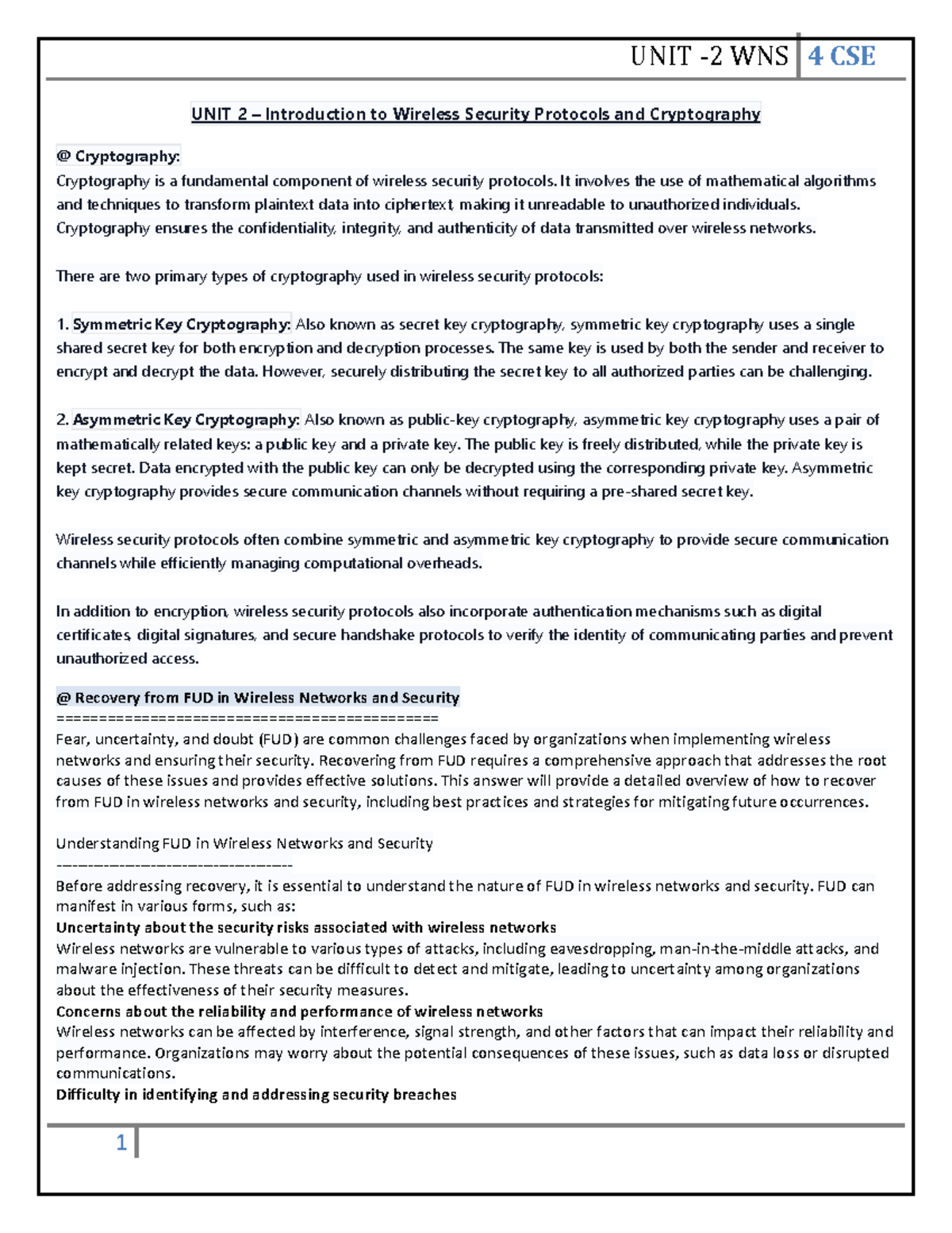 4 CSE - WNS - UNIT 2 - Overview of Wireless Security Protocols & FUD - Studocu
