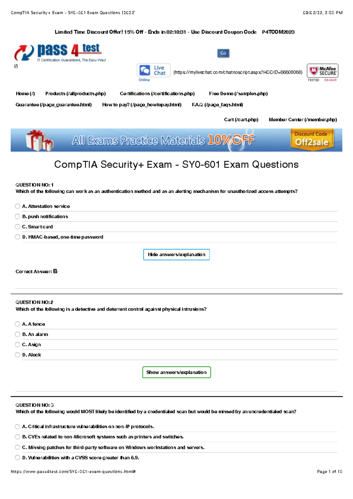 CompTIA Security+ Exam SY0-601: Practice Questions & Answers - Studocu
