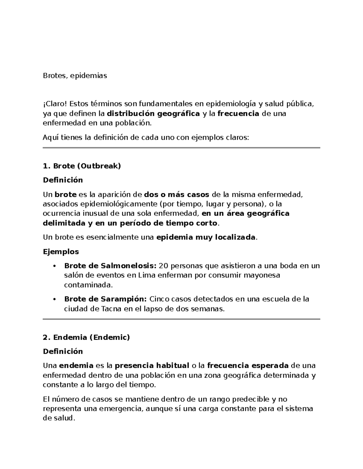 Brotes y Epidemias: Definiciones y Ejemplos en Salud Pública - Studocu