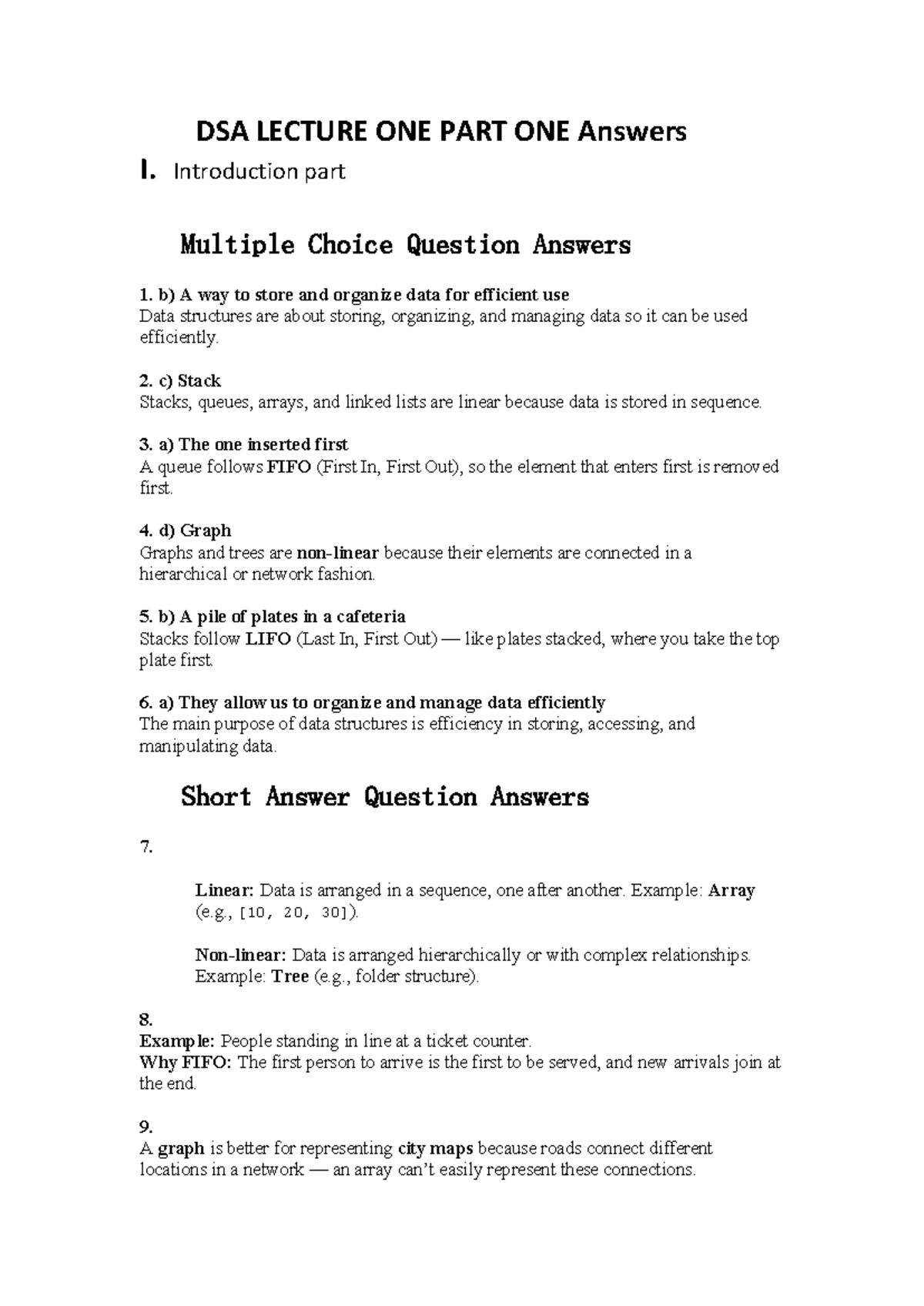 DSA 101 LECTURE ONE PART ONE: MCQ & Short Answer Solutions - Studocu