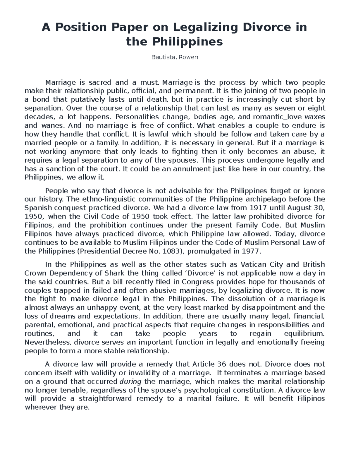 432699727 Position Paper: Legalizing Divorce in the Philippines - Studocu