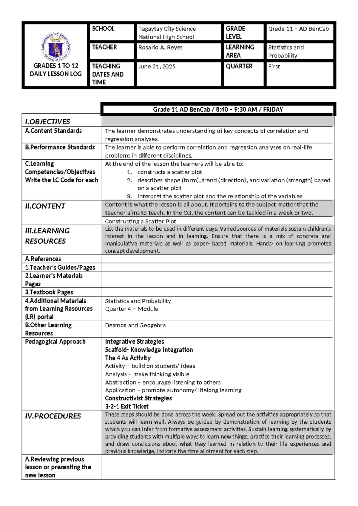 Grade 11 AD BenCab Daily Lesson Plan: Statistics & Probability - Studocu