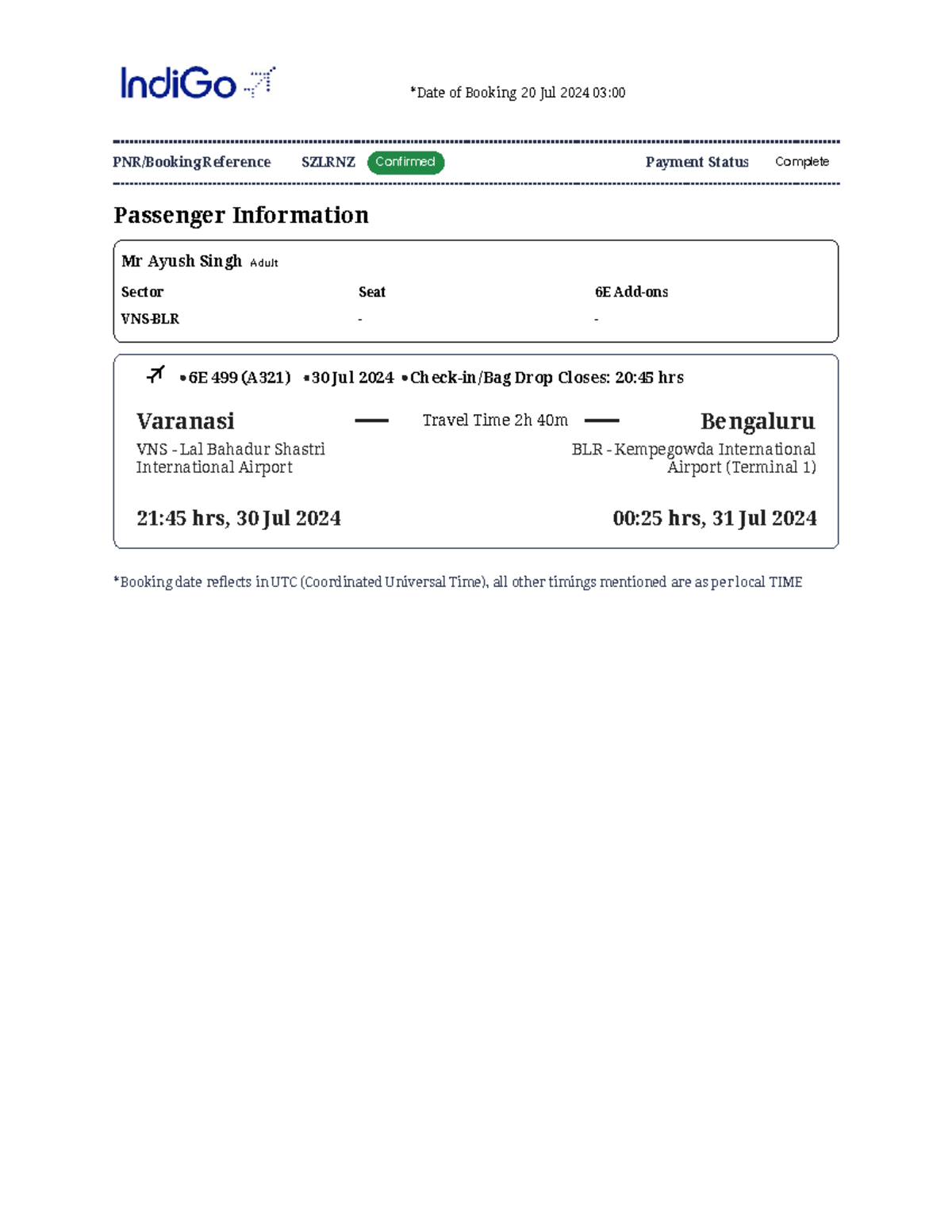 Flight Ticket (bangalore) - PNR/Booking Reference SZLRNZ Confirmed ...
