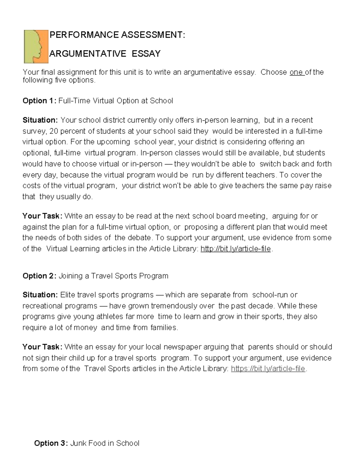 Argumentative-Writing- topics - PERFORMANCE ASSESSMENT: ARGUMENTATIVE ...