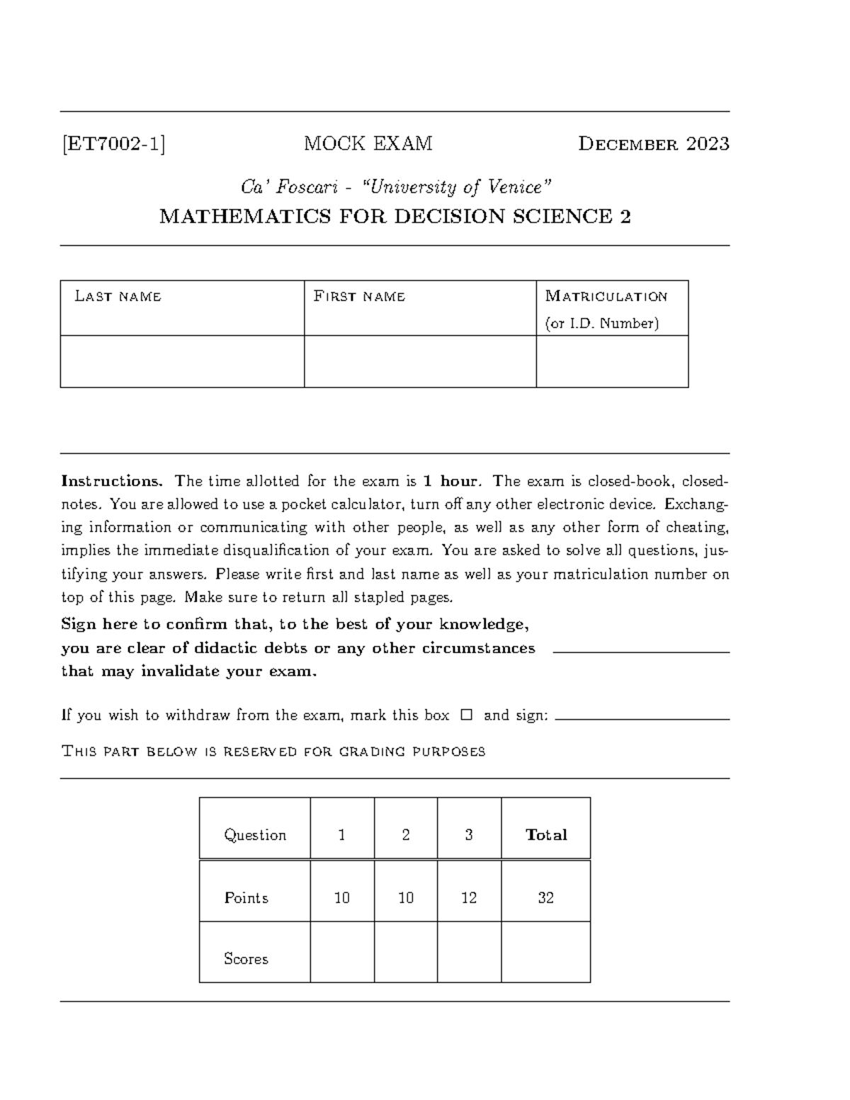 MOCK EXAM December 2023 - MATHEMATICS FOR DECISION SCIENCE 2 - Studocu