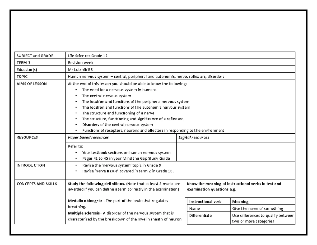 Grade 12 LFSC Revision Booklet: Human Nervous System & Environment ...