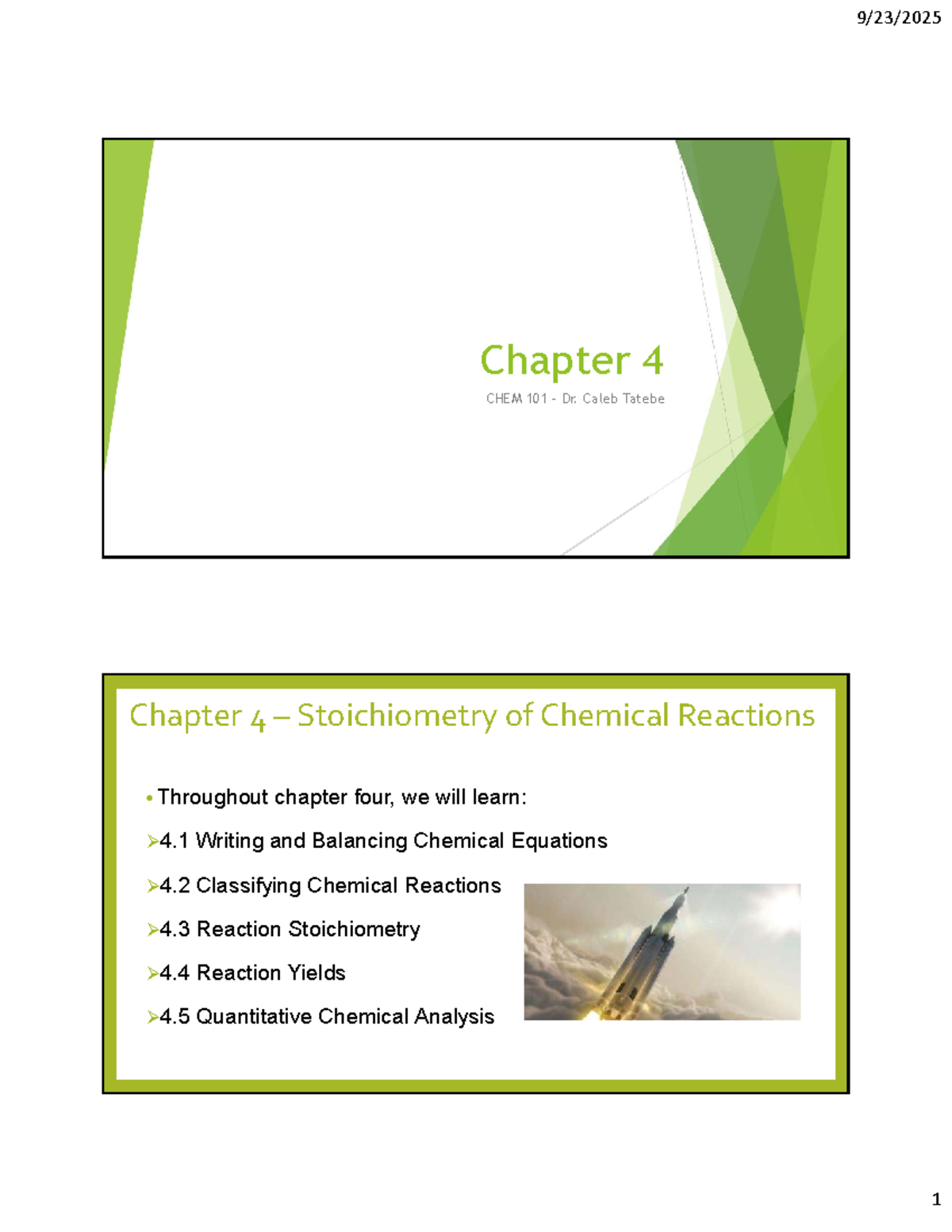 Chapter 4 CHEM 101: Stoichiometry & Chemical Reactions Overview - Studocu