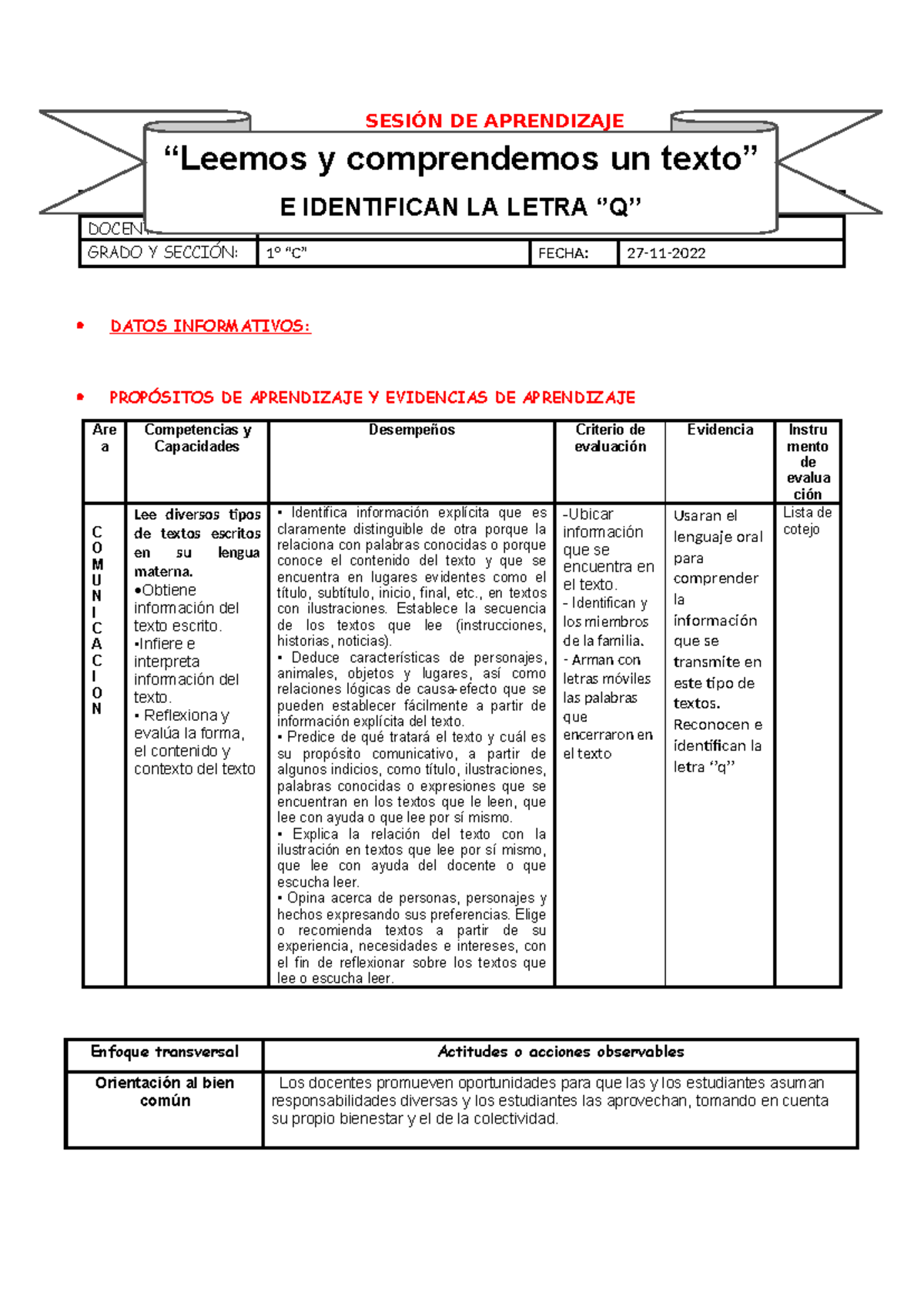 SESION DE APRENDIZAJE: LECTURA DE TEXTOS CON LETRA Q - 14408 - Studocu