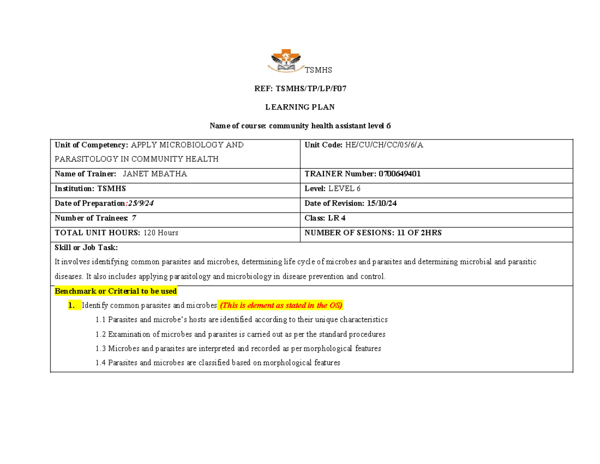 Community Health Assistant Level 6: Microbiology & Parasitology ...
