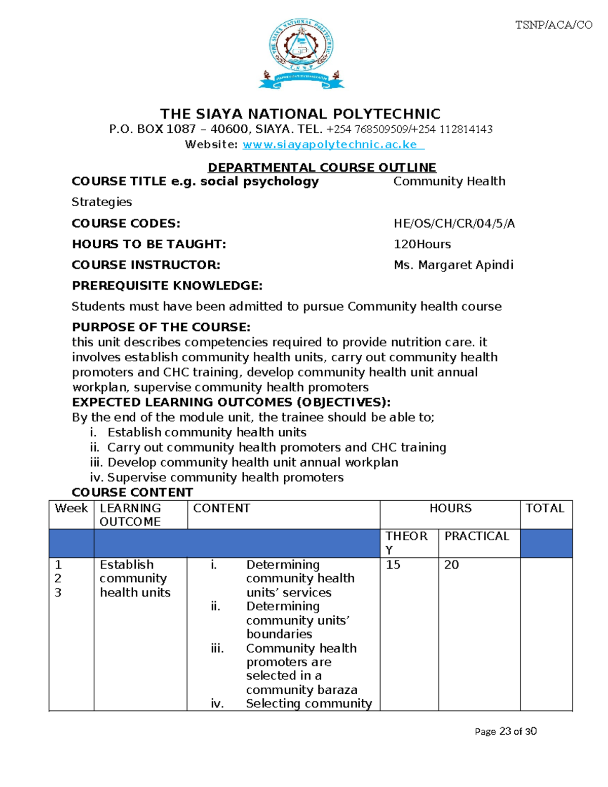 Community Health Strategies - C.O Level 5 Course Outline - Studocu