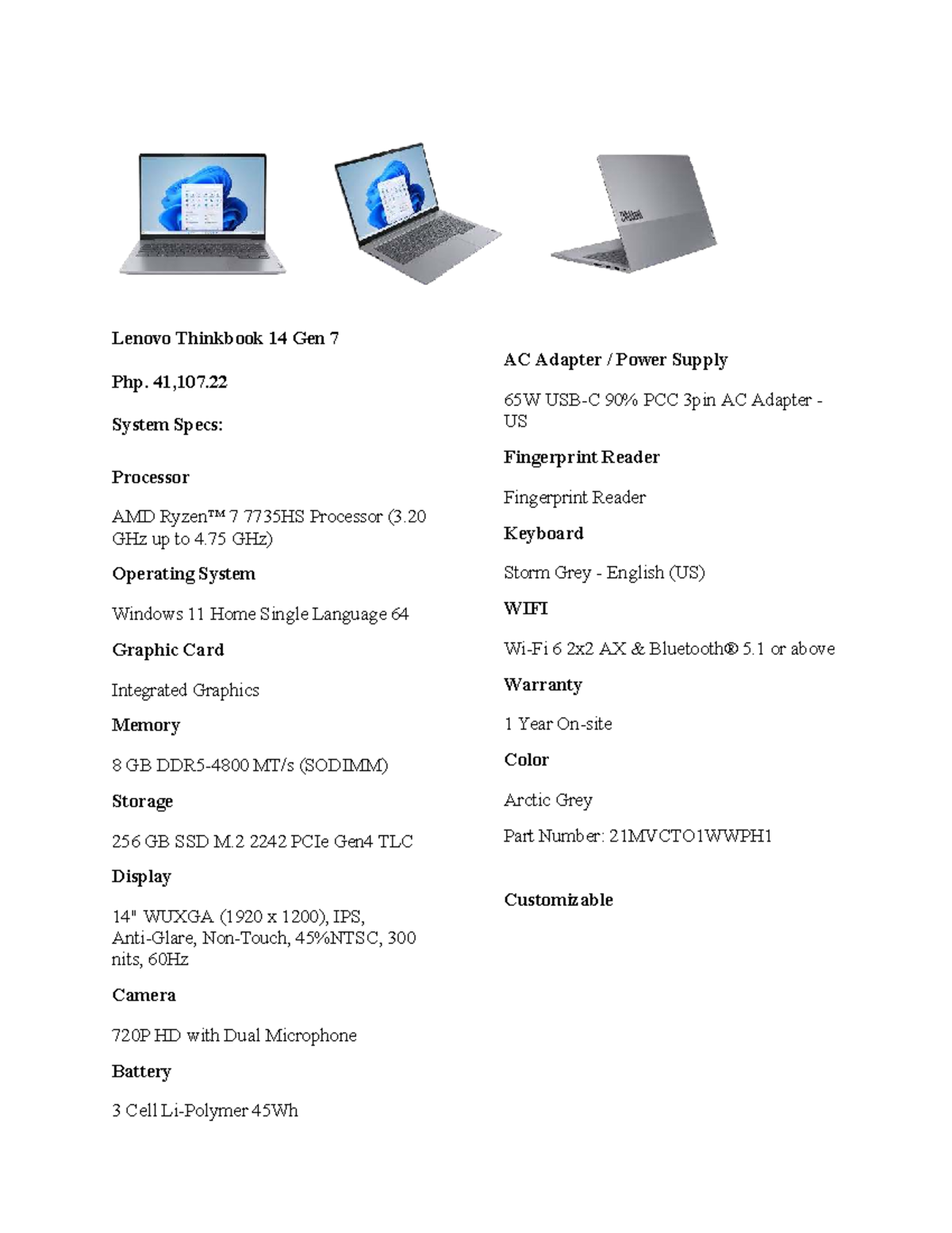 Different Laptop Specifications - Lenovo Thinkbook 14 Gen 7 Php. 41,107 ...