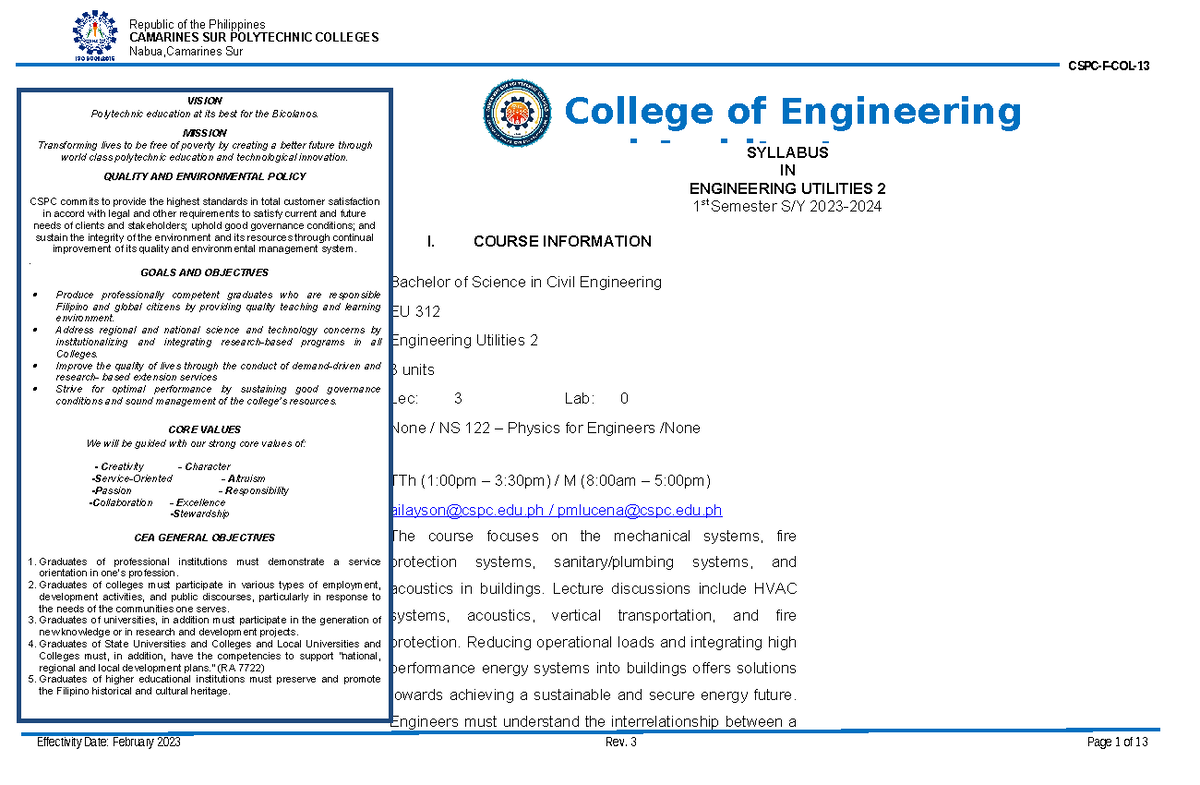 Engineering Utilities 2 (EU 312) Syllabus - 1st Semester S/Y 2023 - Studocu