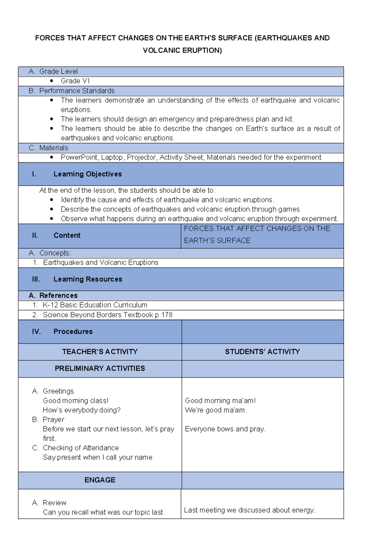 LP Grade VI Earth Science: Earthquakes & Volcanic Eruptions Lesson ...