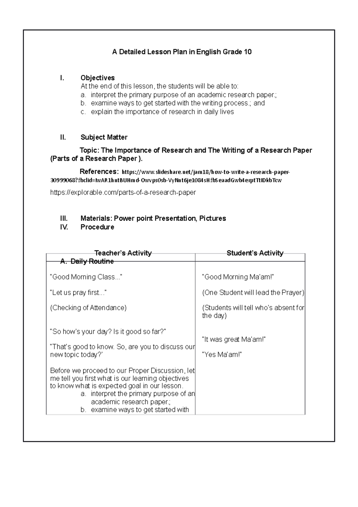 Grade 10 English Lesson Plan: Writing a Research Paper Guide - Studocu