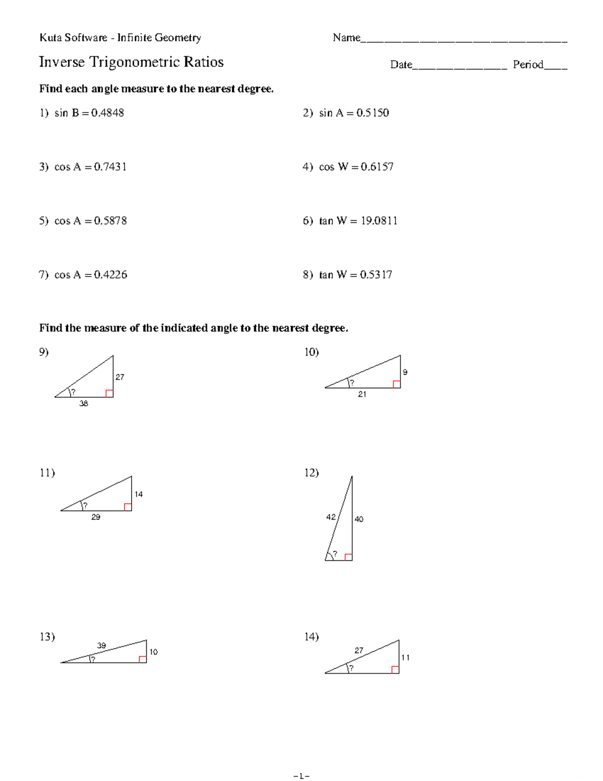 Kuta Software Infinite Geometry: Inverse Trigonometric Ratios Worksheet ...