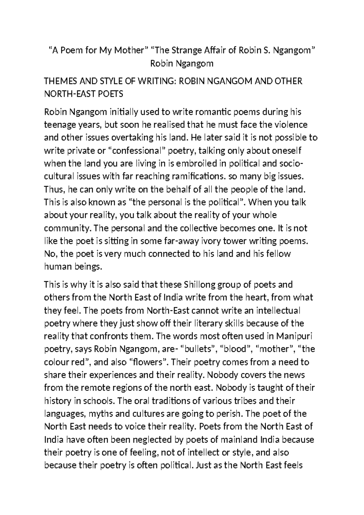 A Poem for My Mother: Themes in Robin Ngangom's Work (ENG HONS) - Studocu
