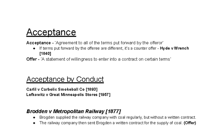 Contract Law: Acceptance Principles and Case Studies (LAW101) - Studocu